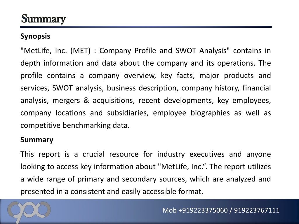 PPT - MetLife, Inc. (MET) : Company Profile and SWOT Analysis PowerPoint Presentation - ID:1507898