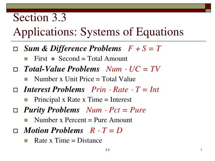 PPT - Section 3.3 Applications: Systems of Equations PowerPoint ...