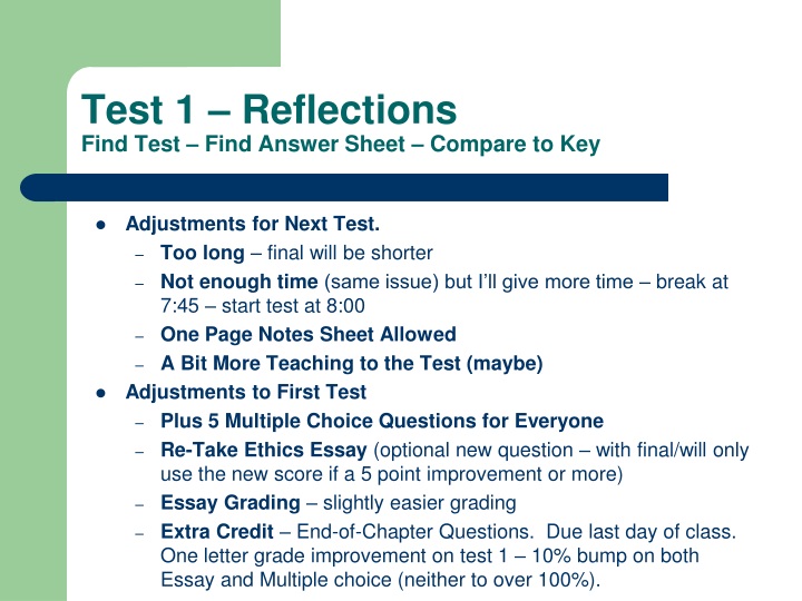 PPT - Test 1 – Reflections Find Test – Find Answer Sheet – Compare to ...