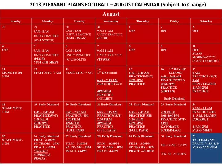 PPT - 2013 PLEASANT PLAINS FOOTBALL – AUGUST CALENDAR (Subject To ...