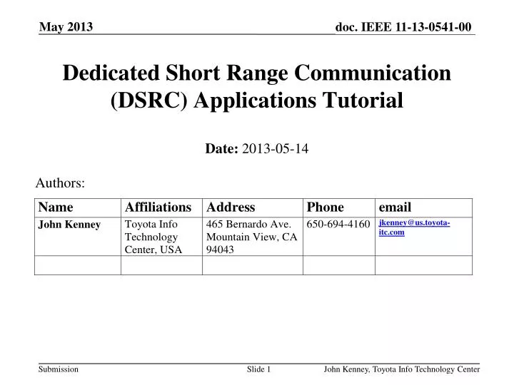 PPT - Dedicated Short Range Communication (DSRC) Applications Tutorial ...