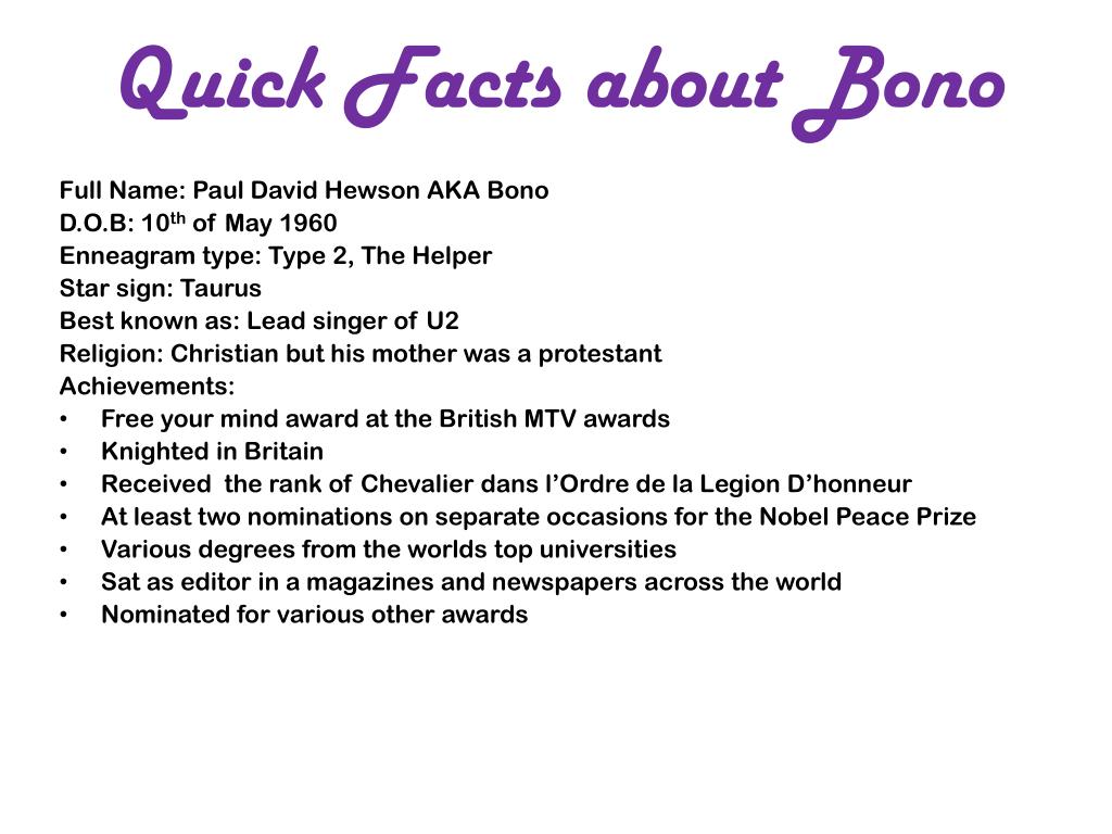PPT - Bono, lead singer of U2 and humanitarian PowerPoint Presentation ...