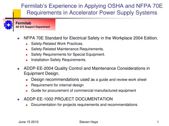 PPT - Fermilab’s Experience in Applying OSHA and NFPA 70E Requirements ...