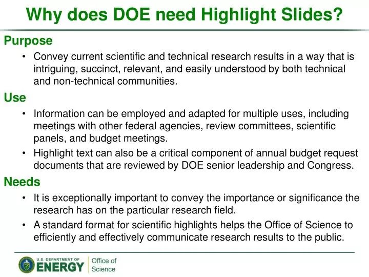 PPT - Why does DOE need Highlight Slides? PowerPoint Presentation, free ...