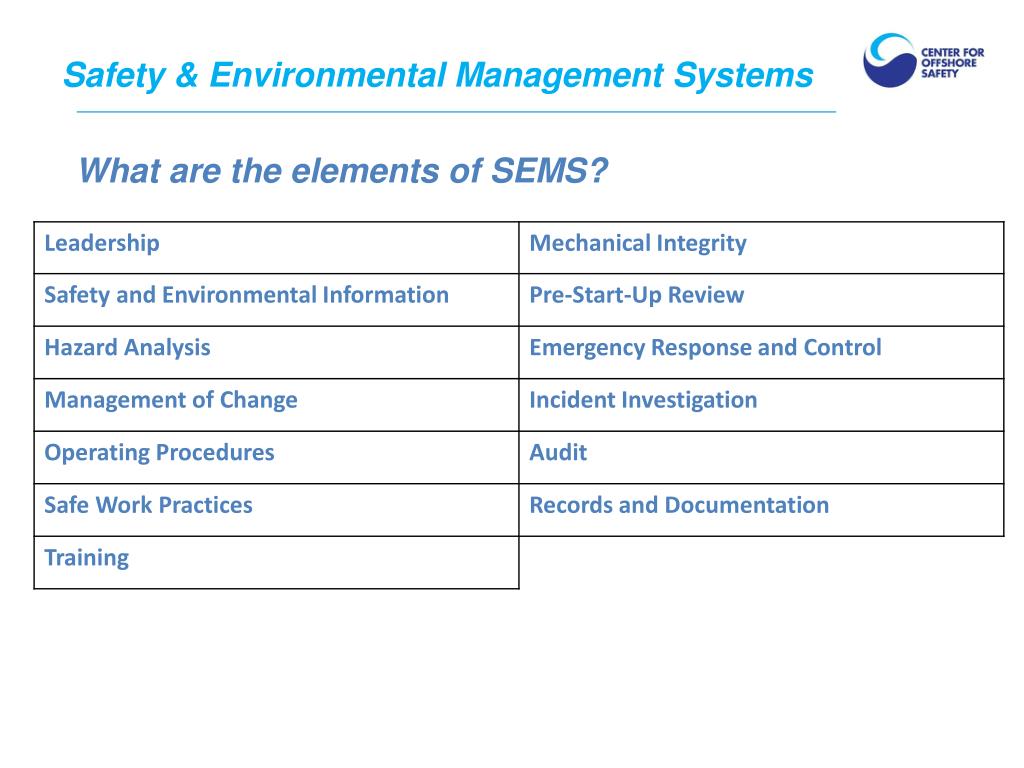 PPT - Safety & Environmental Management Systems ( SEMS) Centre for ...