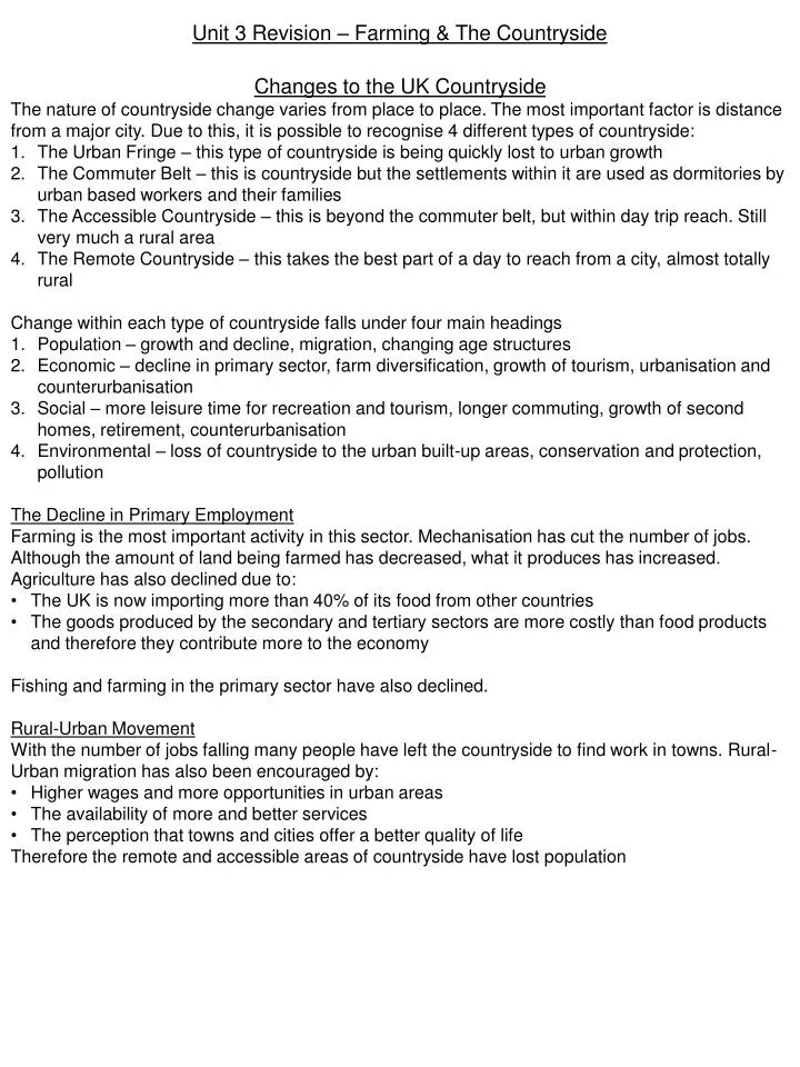 PPT - Unit 3 Revision – Farming & The Countryside Changes to the UK ...