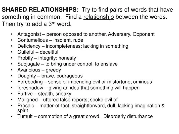 PPT - SHARED RELATIONSHIPS: Try to find pairs of words that have ...