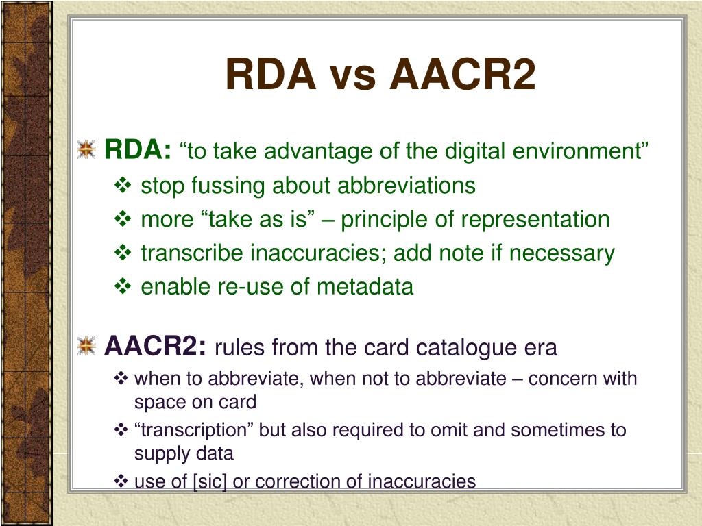 PPT - RDA: A New Approach to Cataloguing Margaret Stewart Standards ...