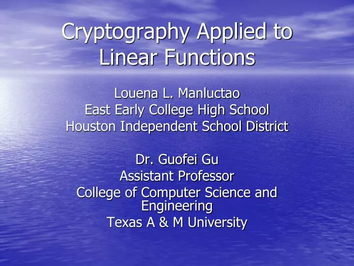 PPT - Cryptography Applied to Linear Functions PowerPoint Presentation ...