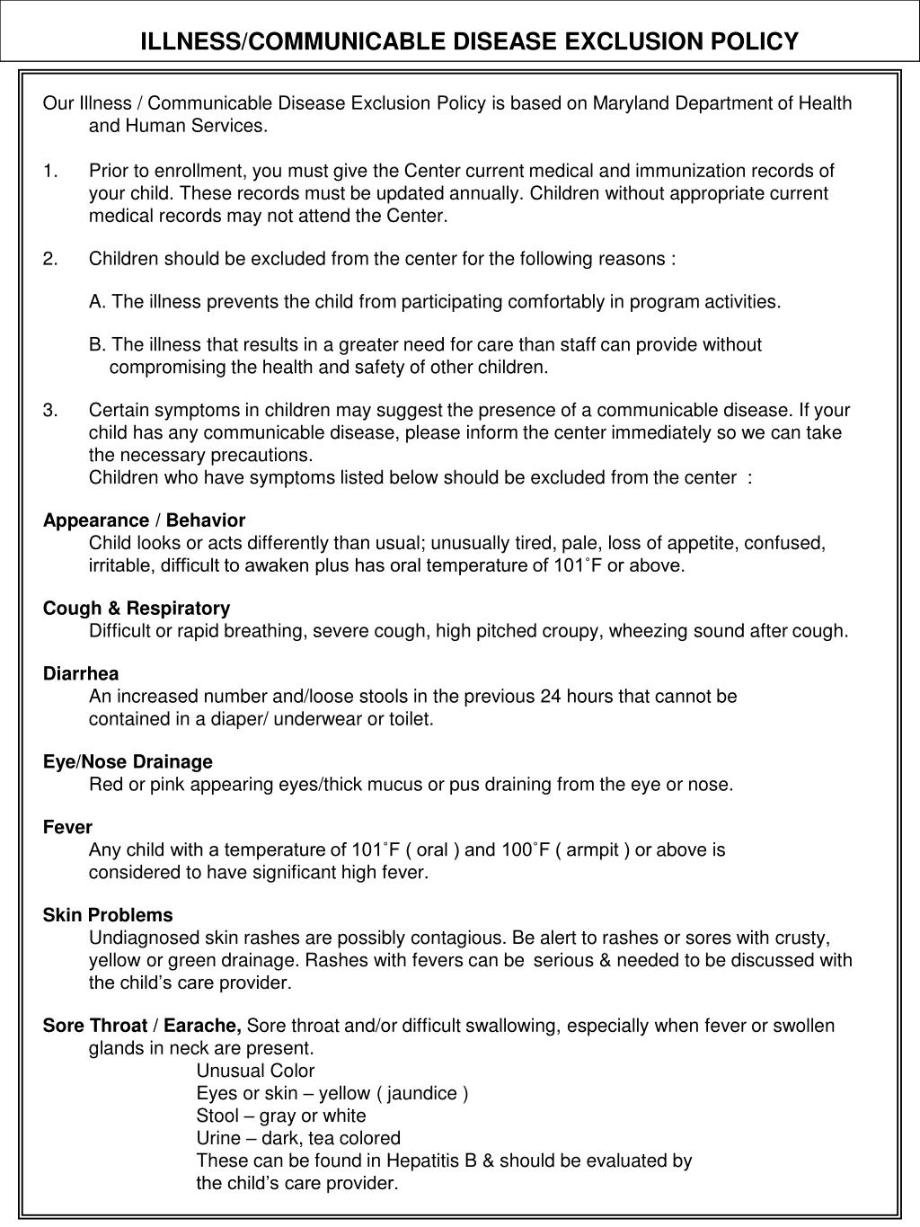 PPT - ILLNESS/COMMUNICABLE DISEASE EXCLUSION POLICY PowerPoint ...