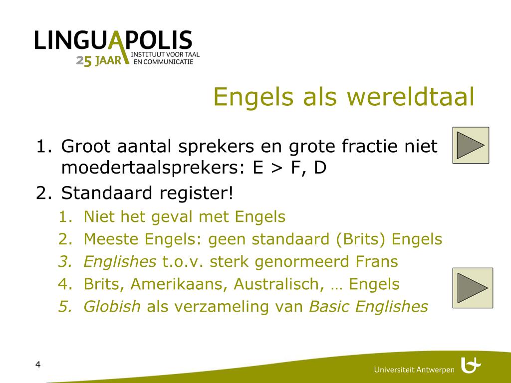 PPT - Engels, mode of noodzaak? Frans en Duits, verguisd? Antwerpen, 17 ...