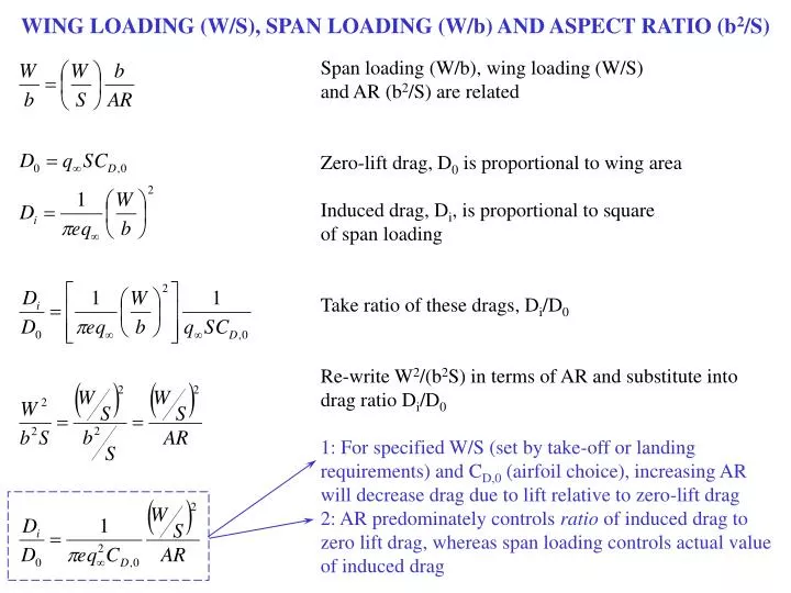 PPT - WING LOADING (W/S), SPAN LOADING (W/b) AND ASPECT RATIO (b 2 /S ...