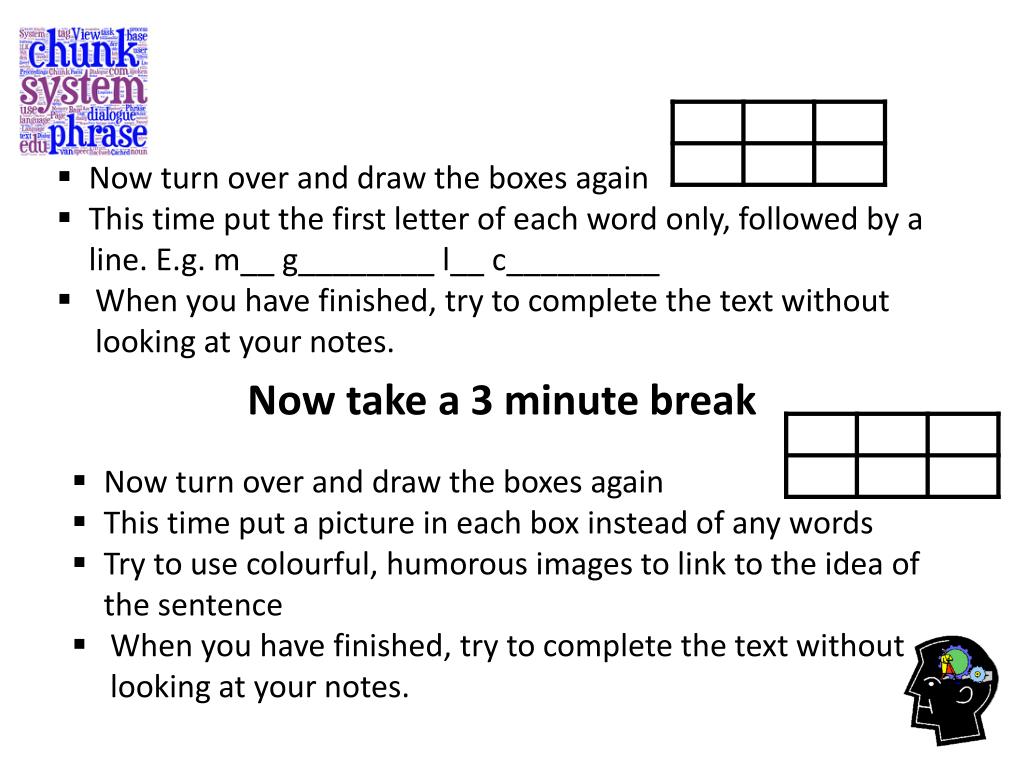 PPT - Memory techniques : 1 Chunking Break your work down into sentence ... PPT - Memory techniques : 1 Chunking Break your work down into sentence ...