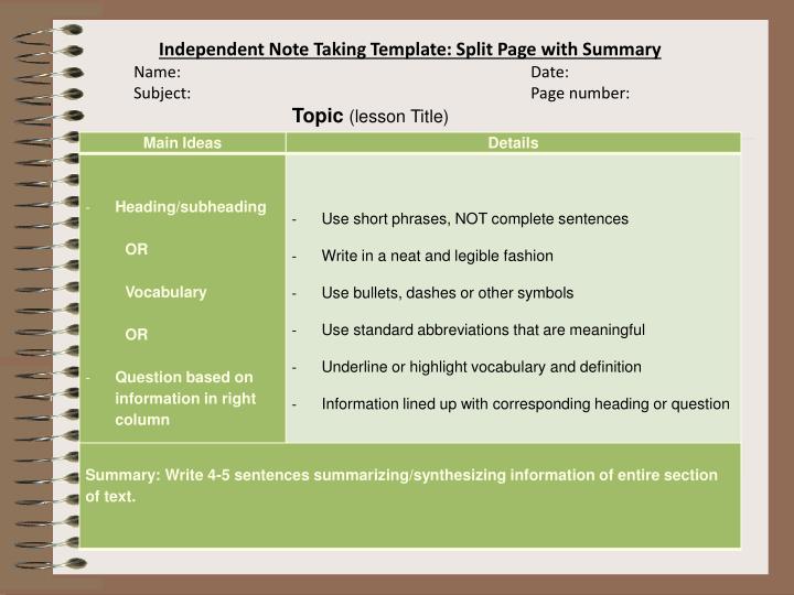 PPT - Independent Split-Page Note Taking (also called Cornell Notes ...