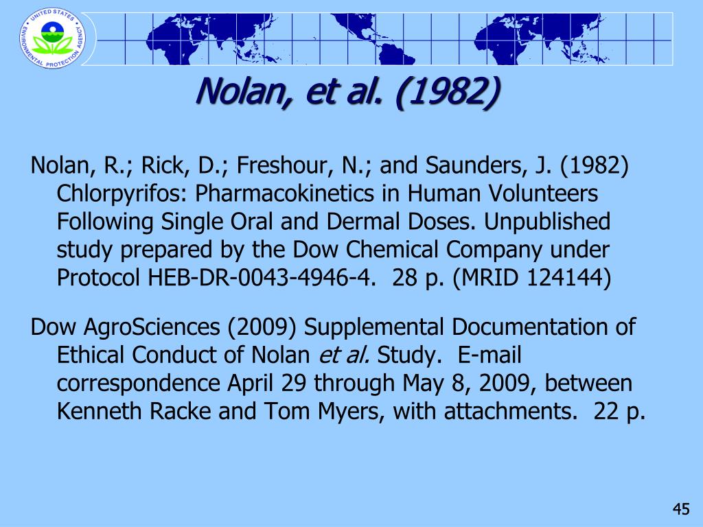 PPT - Three Pre-Rule Studies of Chlorpyrifos: Nolan et al. (1982 ...