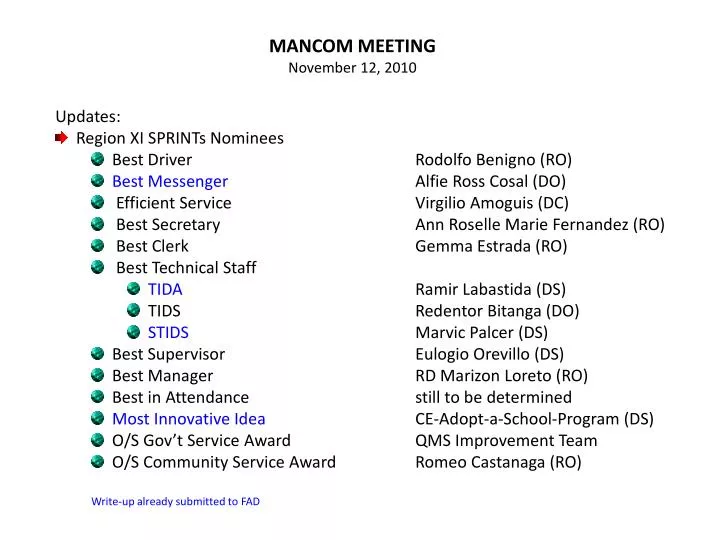 PPT - MANCOM MEETING November 12, 2010 PowerPoint Presentation, free download - ID:1862652