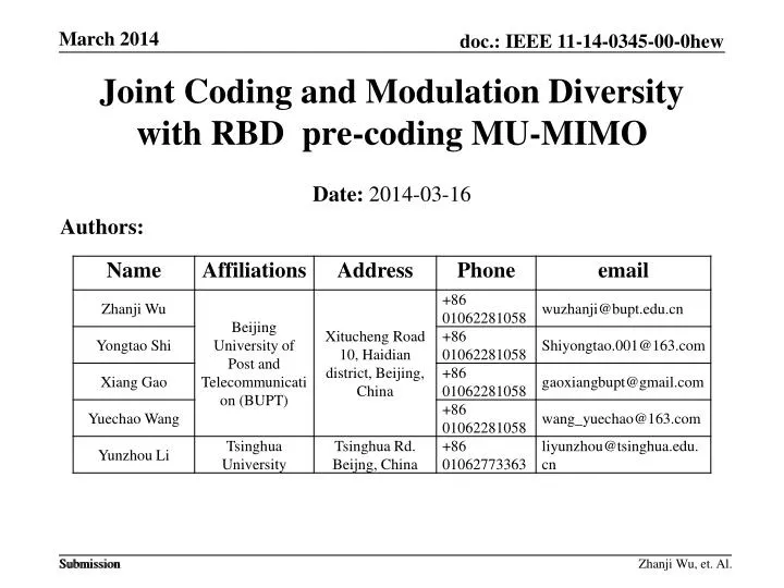 PPT - Joint Coding and Modulation Diversity with RBD pre-coding MU-MIMO ...