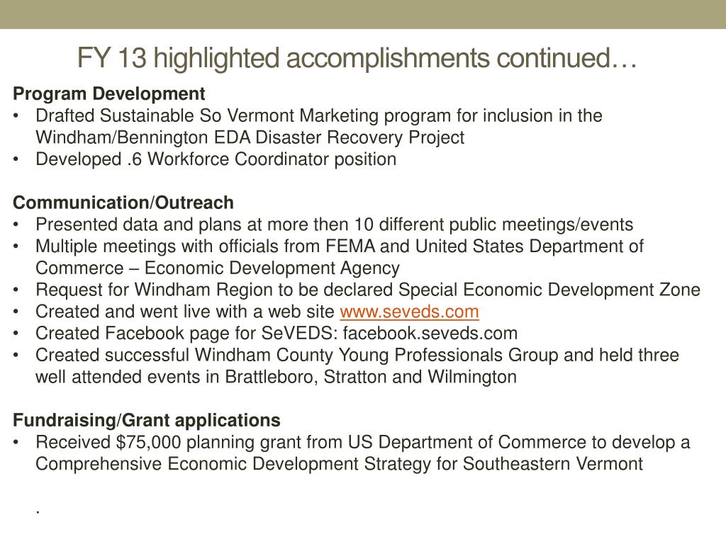 PPT - Southeastern Vermont Economic Development Strategies FY 2013 Work ...