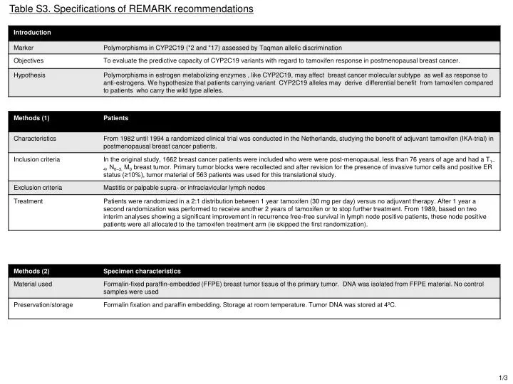 PPT - Table S3. Specifications of REMARK recommendations PowerPoint ...