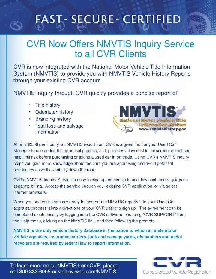 PPT - CVR Now Offers NMVTIS Inquiry Service to all CVR Clients ...