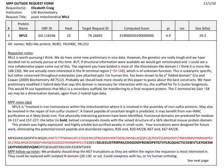 PPT - MPP OUTSIDE REQUEST FORM 12/1/10 Requestor(s ): Elizabeth Craig ...