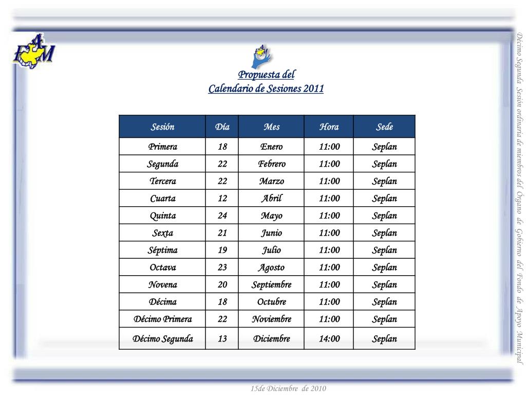 PPT - Propuesta del Calendario de Sesiones 2011 PowerPoint Presentation ...