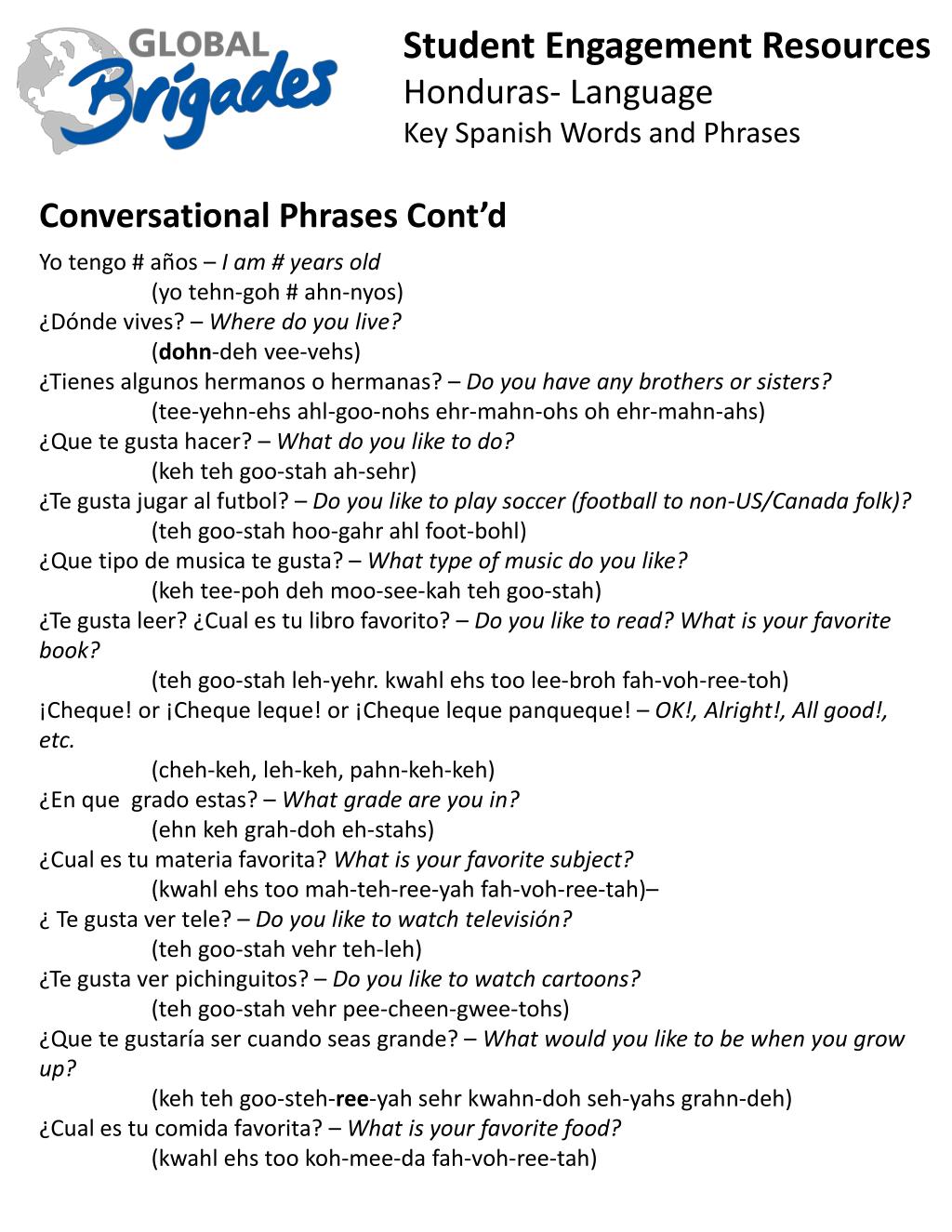 PPT - Student Engagement Resources Honduras- Language Key Spanish Words ...