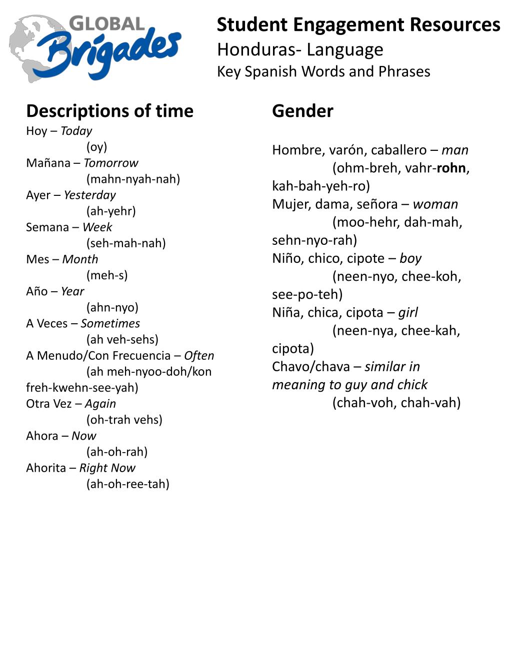 PPT - Student Engagement Resources Honduras- Language Key Spanish Words ...