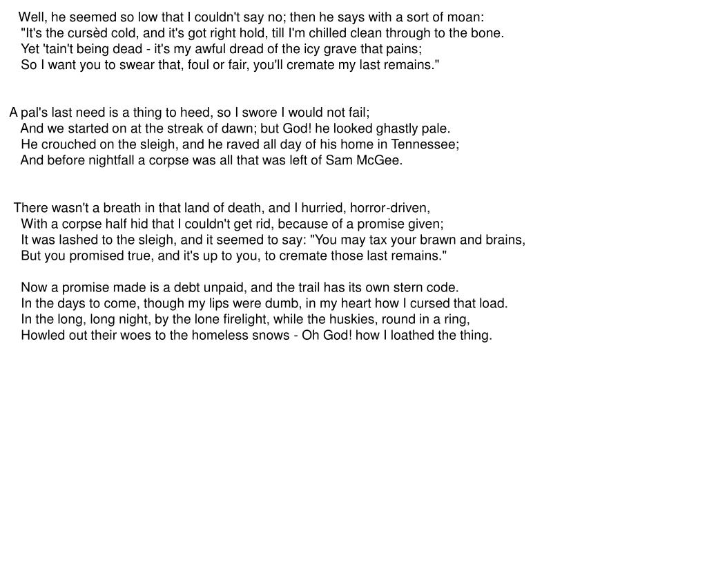 PPT - March 3, 2014 Narrative poetry - Cremation of Sam McGee H omework ...