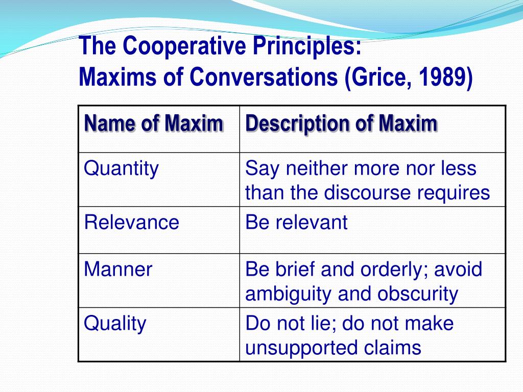 PPT - The Cooperative Principles: Maxims of Conversations (Grice, 1989 ... PPT - The Cooperative Principles: Maxims of Conversations (Grice, 1989 ...