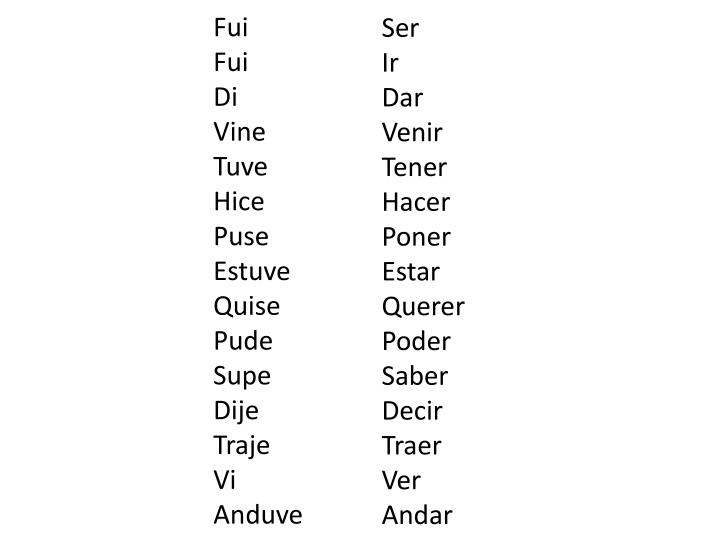 PPT - Fui Fui Di Vine Tuve Hice Puse Estuve Quise Pude Supe Dije Traje ...