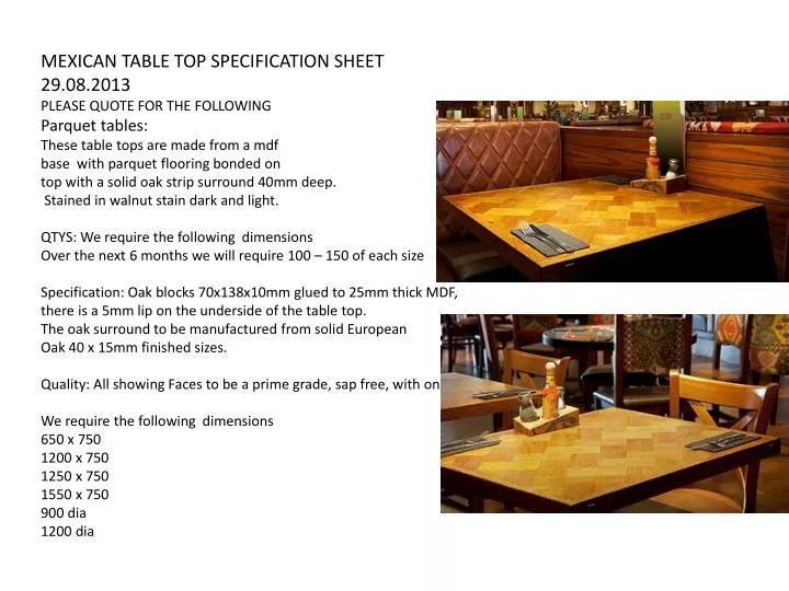 PPT - MEXICAN TABLE TOP SPECIFICATION SHEET 29.08.2013 PLEASE QUOTE FOR ...