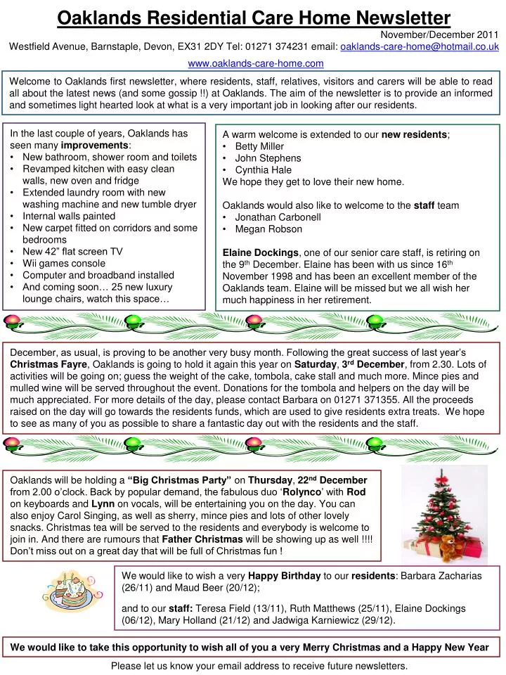 PPT - Oaklands Residential Care Home Newsletter November/December 2011 ...