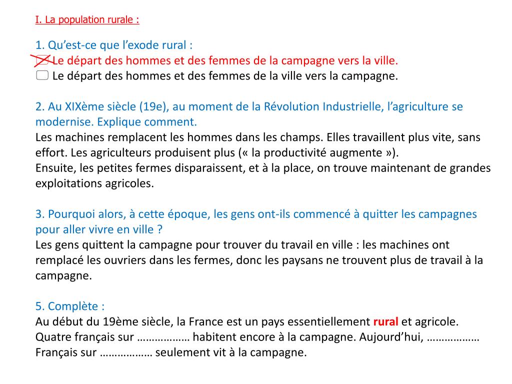 PPT - I. La population rurale : 1. Qu’est-ce que l’exode rural ...