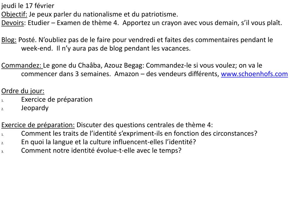 PPT - jeudi le 30 janvier Objectif: Je peux parler de l’aliénation et ...