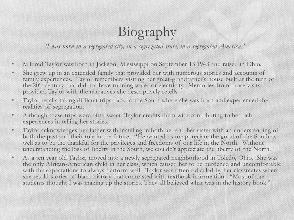 PPT - Mildred D. Taylor 1943 – Historical Fiction Award Novelist ...
