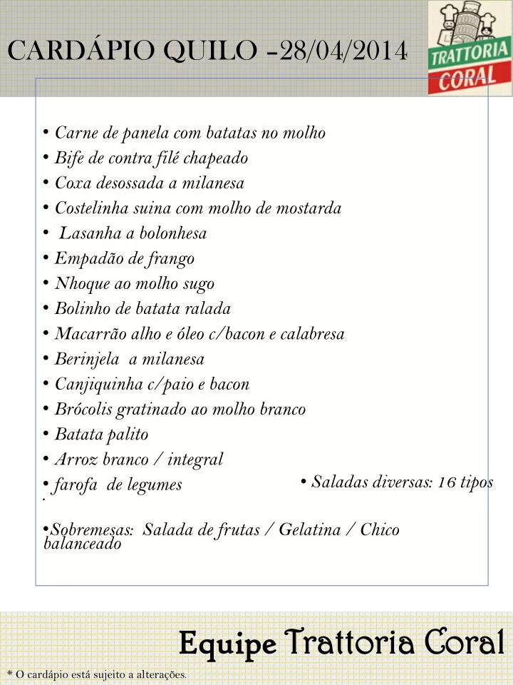 PPT - CARDÁPIO QUILO –28/04/2014 PowerPoint Presentation, free download ...