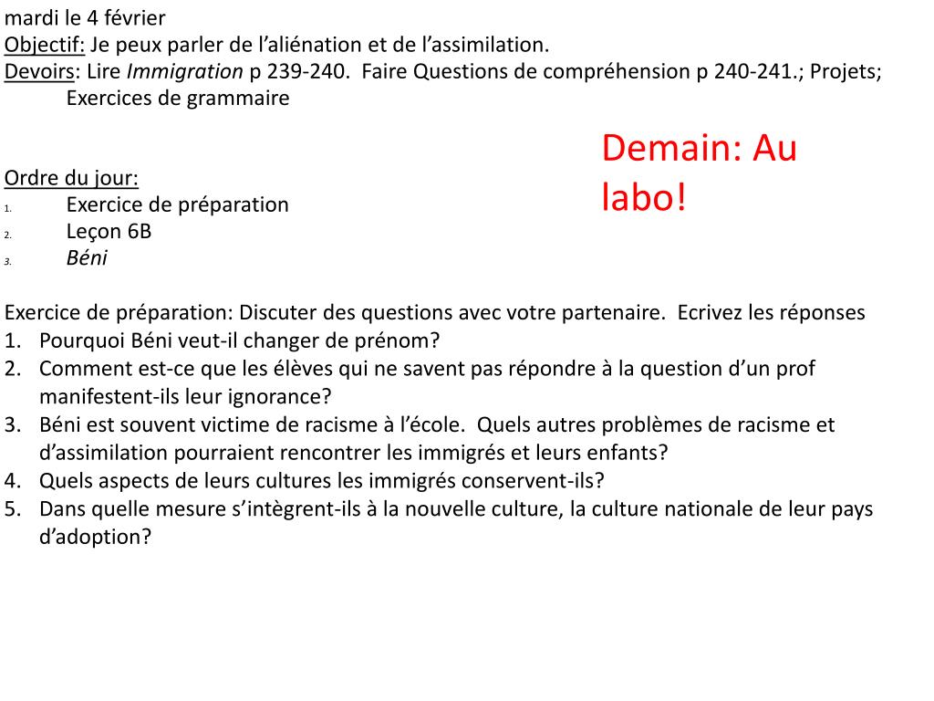 PPT - jeudi le 30 janvier Objectif: Je peux parler de l’aliénation et ...