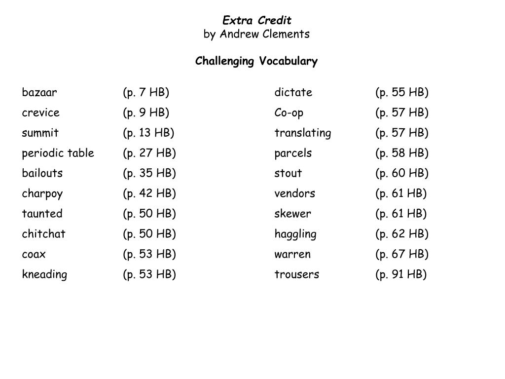 PPT - Extra Credit by Andrew Clements Challenging Vocabulary PowerPoint ...