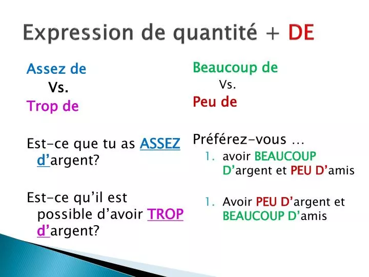 PPT - Expression de quantité + DE PowerPoint Presentation, free ...