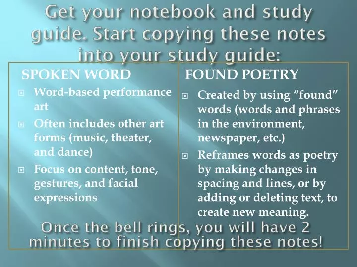PPT - Get your notebook and study guide. Start copying these notes into ...