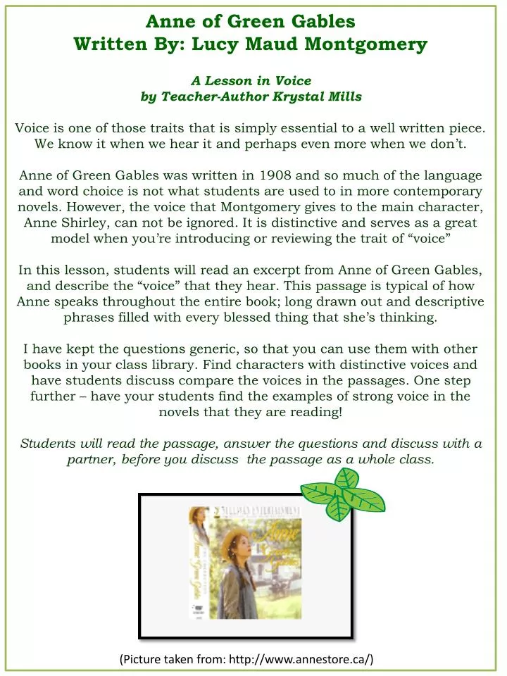 PPT - Anne of Green Gables Written By : Lucy Maud Montgomery A Lesson ...