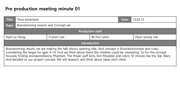 PPT - Pre production meeting minute 01 PowerPoint Presentation, free ...