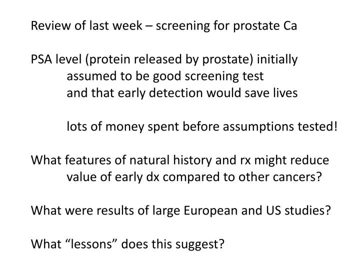 PPT - Review of last week – screening for prostate Ca PSA level ...