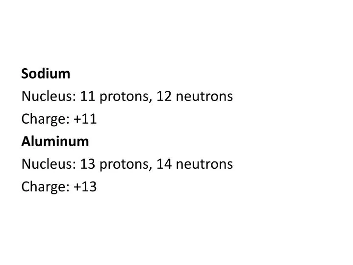 PPT - Sodium Nucleus: 11 protons, 12 neutrons Charge: +11 Aluminum ...