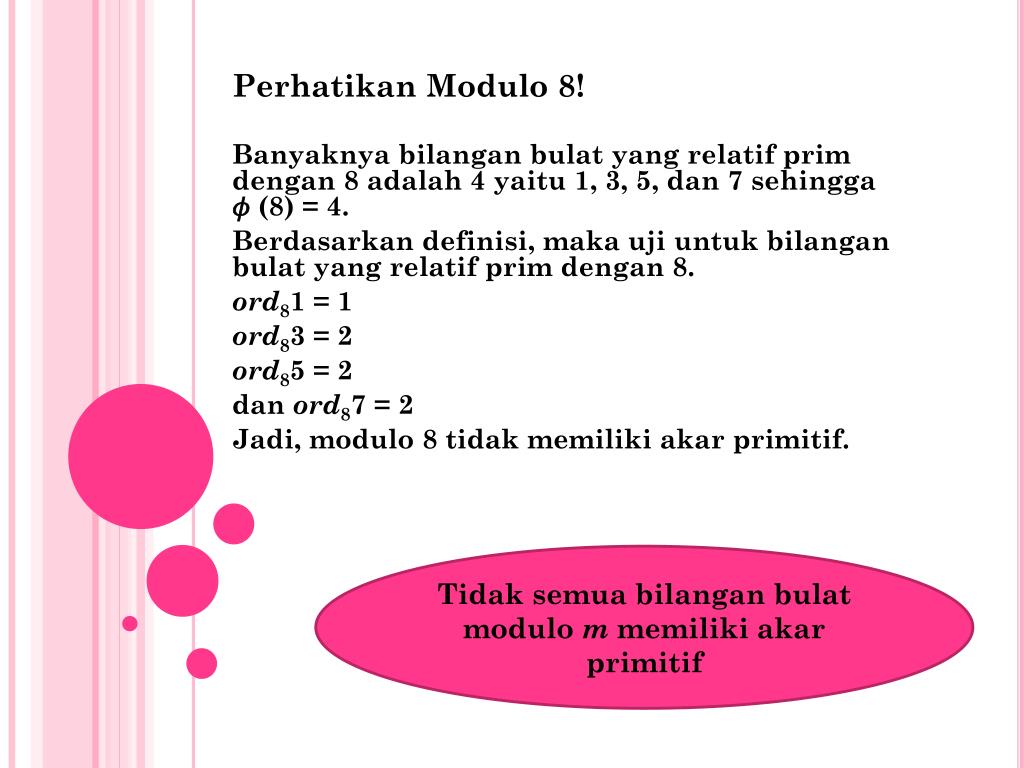 PPT - KARAKTERISTIK BILANGAN BULAT MODULO m YANG MEMILIKI AKAR PRIMITIF ...