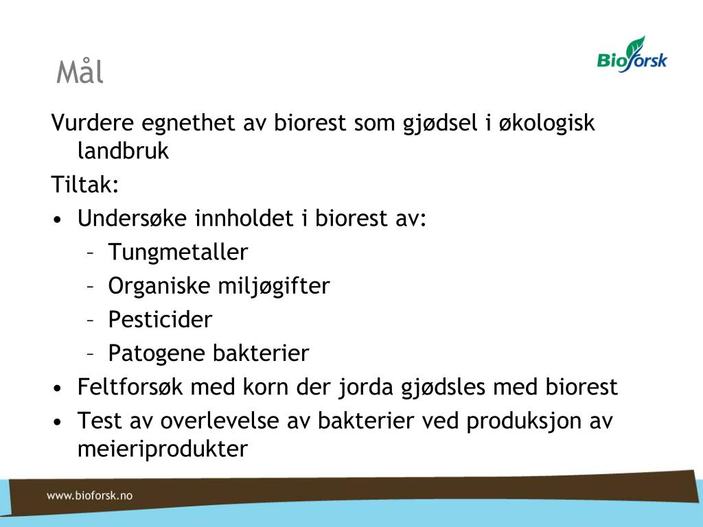 PPT - Biogassavfall – en risiko ved bruk i økologisk landbruk ...