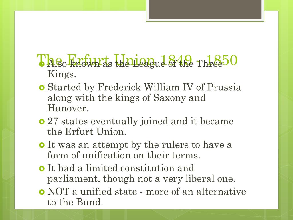 PPT - The Erfurt Union 1849 The Treaty of Olmutz 1850 PowerPoint ...