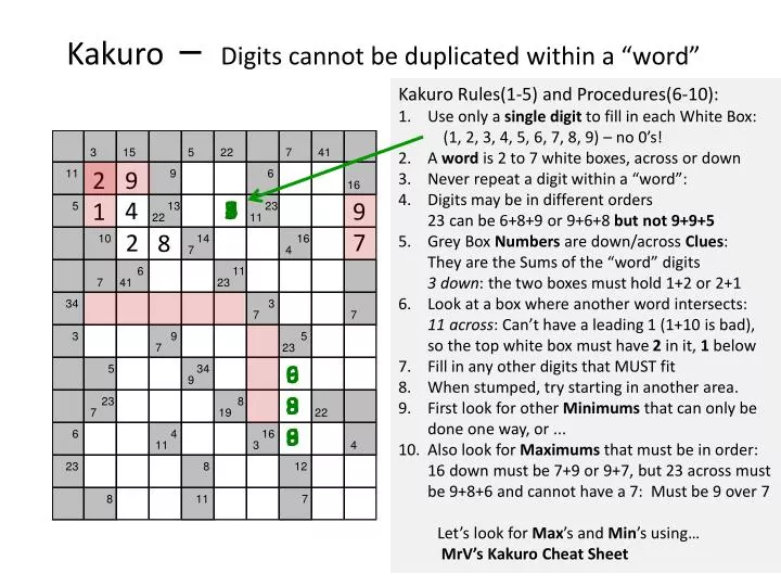 PPT - Kakuro – Digits cannot be duplicated within a “word” PowerPoint ...
