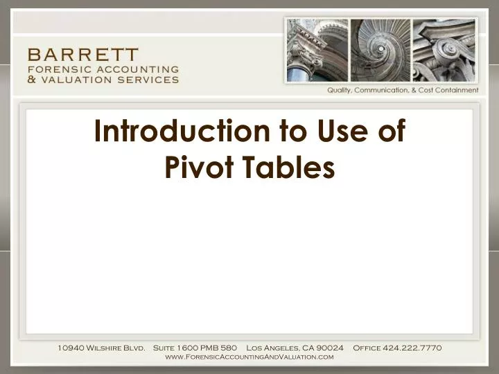 PPT - Introduction to Use of Pivot Tables PowerPoint Presentation, free ...